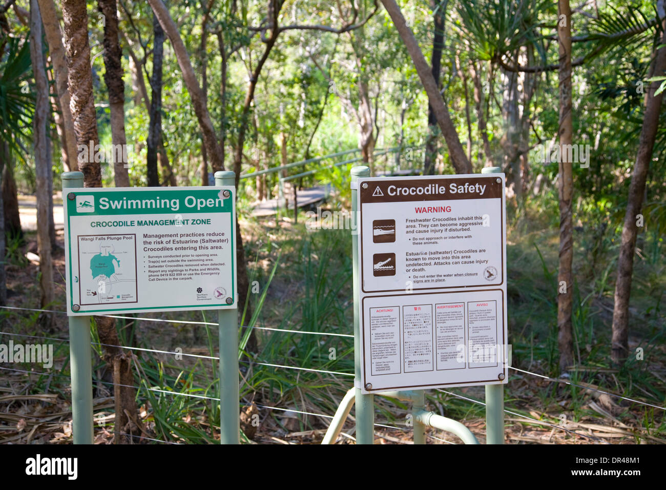 crocodile warning signs near a pool in the northern territory Stock ...