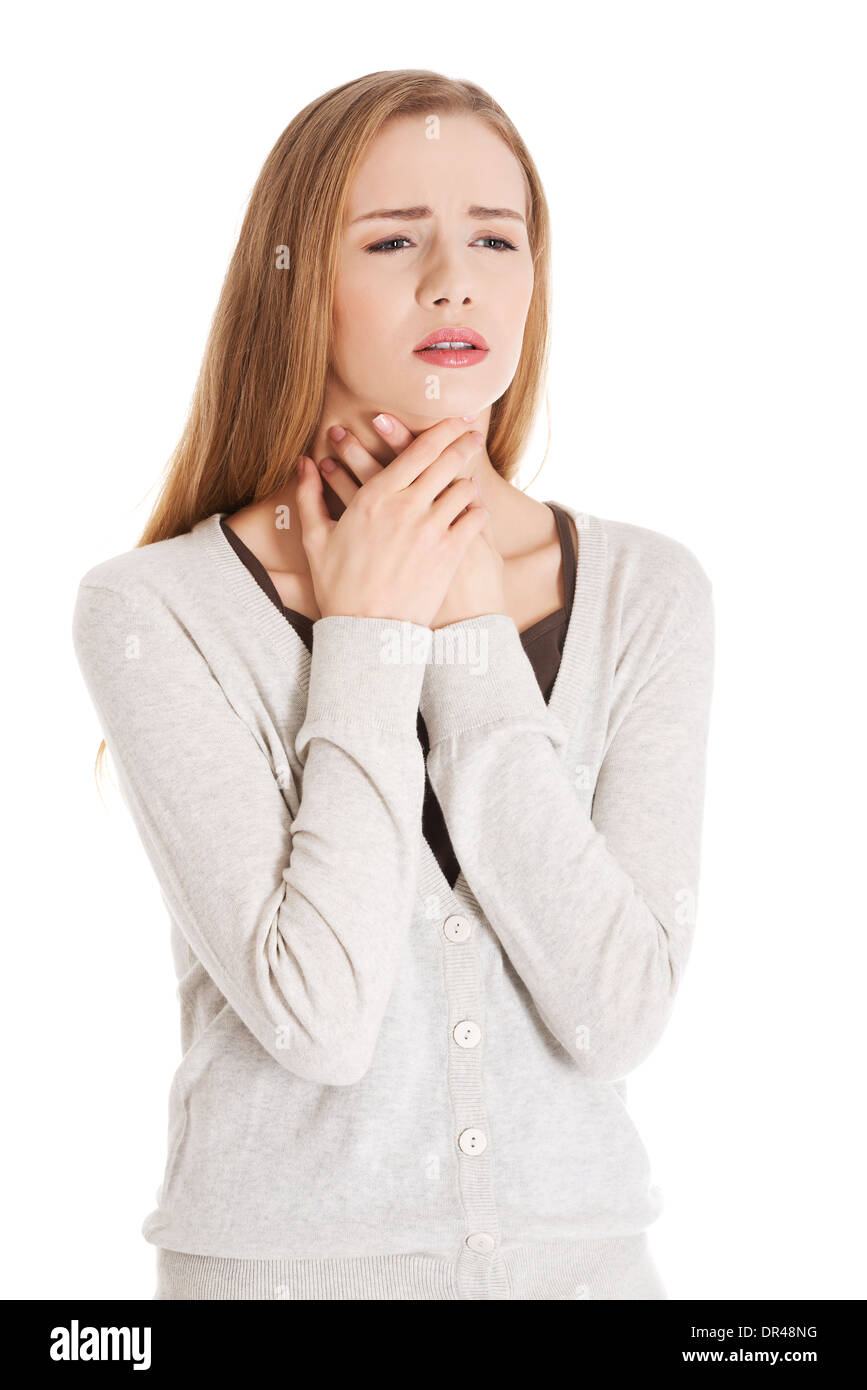 Beautiful Casual Woman Is Having Sore Throat Isolated On White Stock