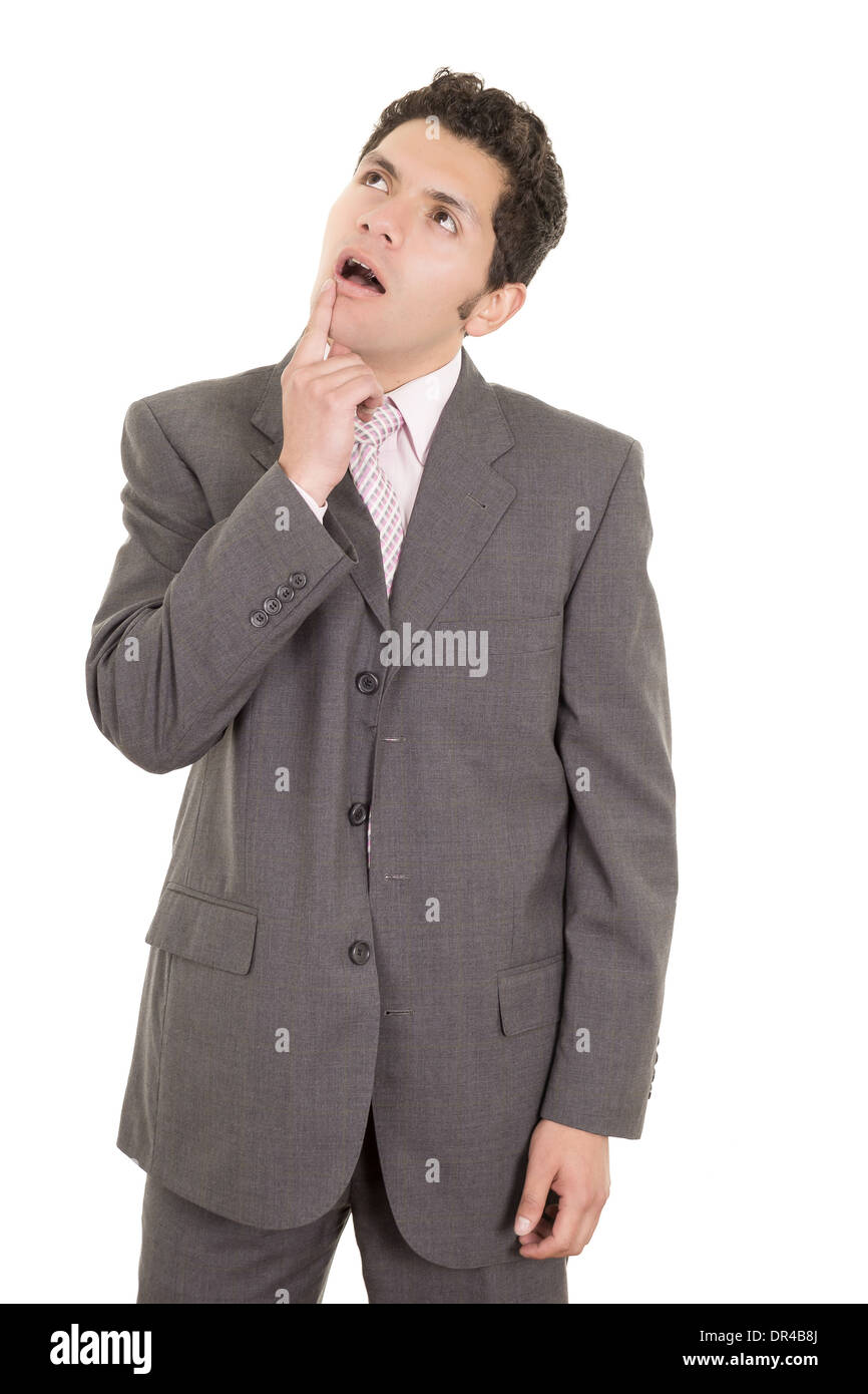 Hispanic thinking man isolated on white background Stock Photo - Alamy