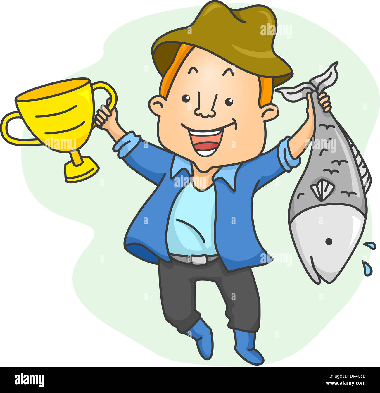 Illustration of a Proud Man Holding a Fish in One Hand and a Fishing ...