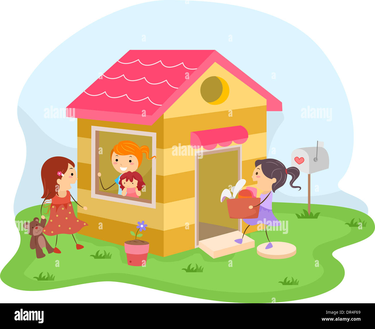 Illustration of a Group of Girls Playing House Stock Photo - Alamy