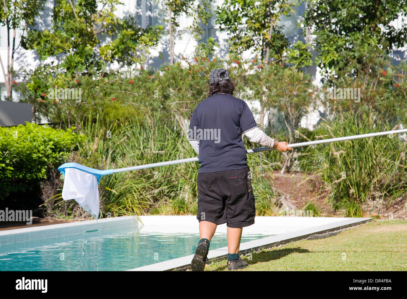 rear view of a lady cleaning a hotel swimming pool Stock Photo - Alamy