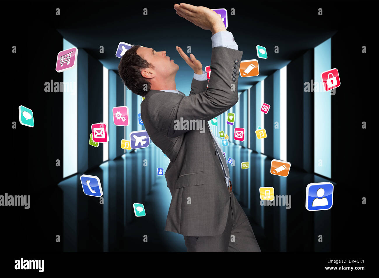 Composite image of businessman standing with arms pressing up Stock ...