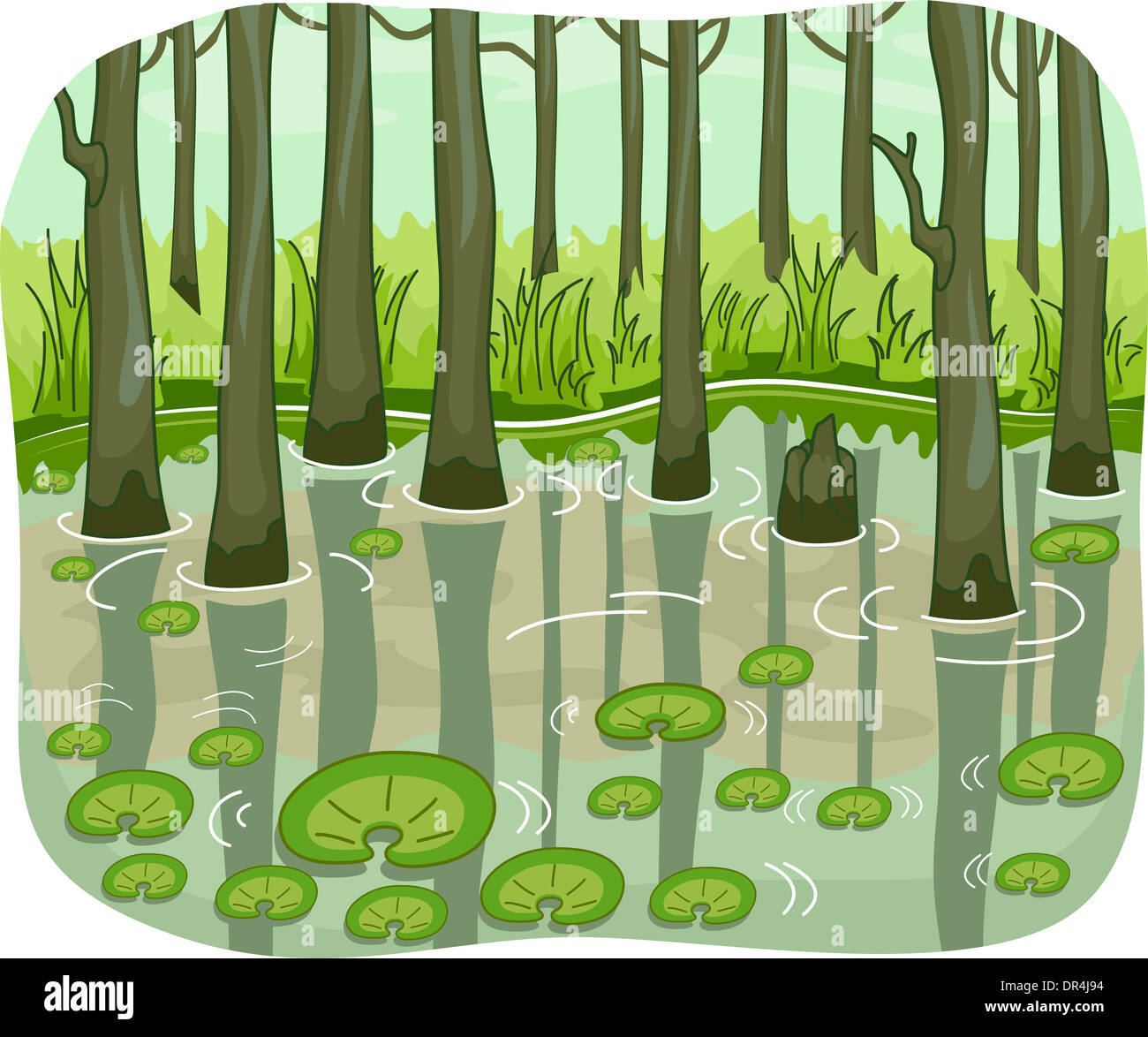 Illustration of a Swamp with Lotus Leaves Floating Around Stock Photo ...