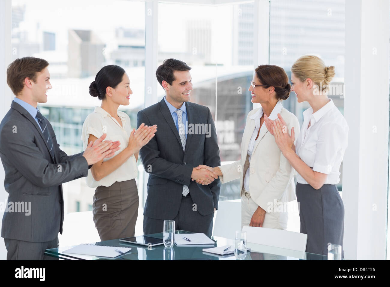 Handshake to seal a deal after a job recruitment meeting Stock Photo ...
