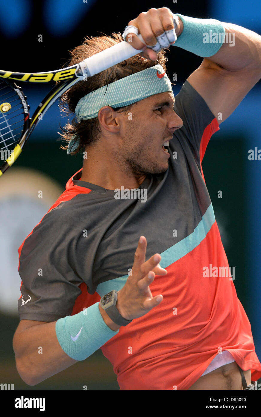 Melbourne, Australia. 20th Jan, 2014. Rafael Nadal of Spain returns the ...
