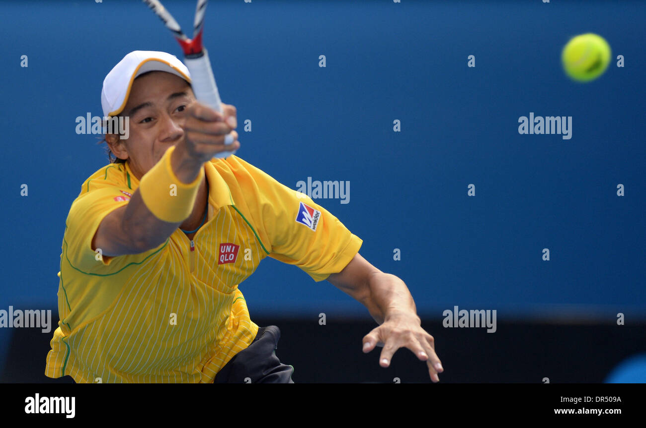 Melbourne, Australia. 20th Jan, 2014. Kei Nishikori of Japan returns ...