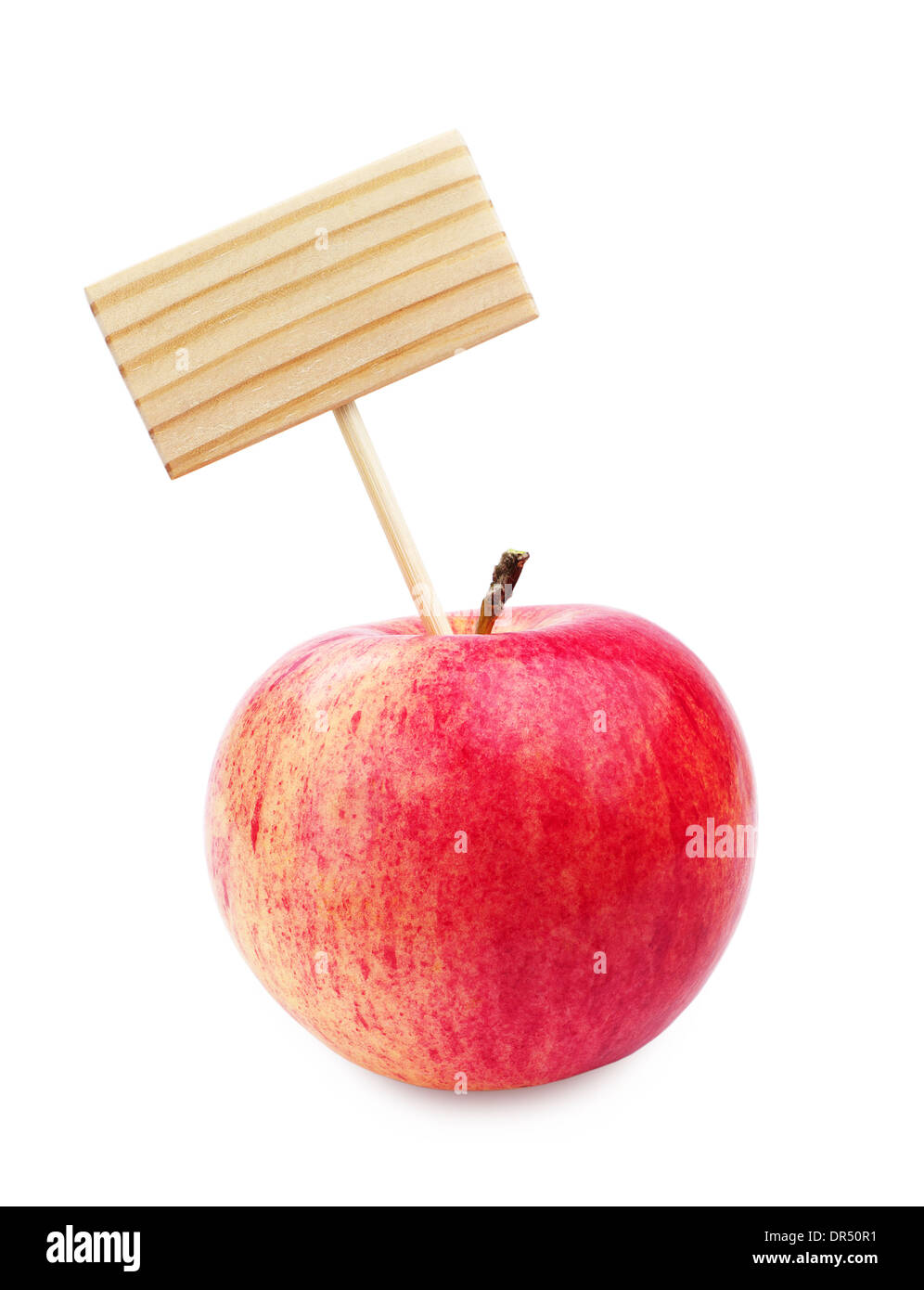 Red apple and wooden label on white background Stock Photo - Alamy