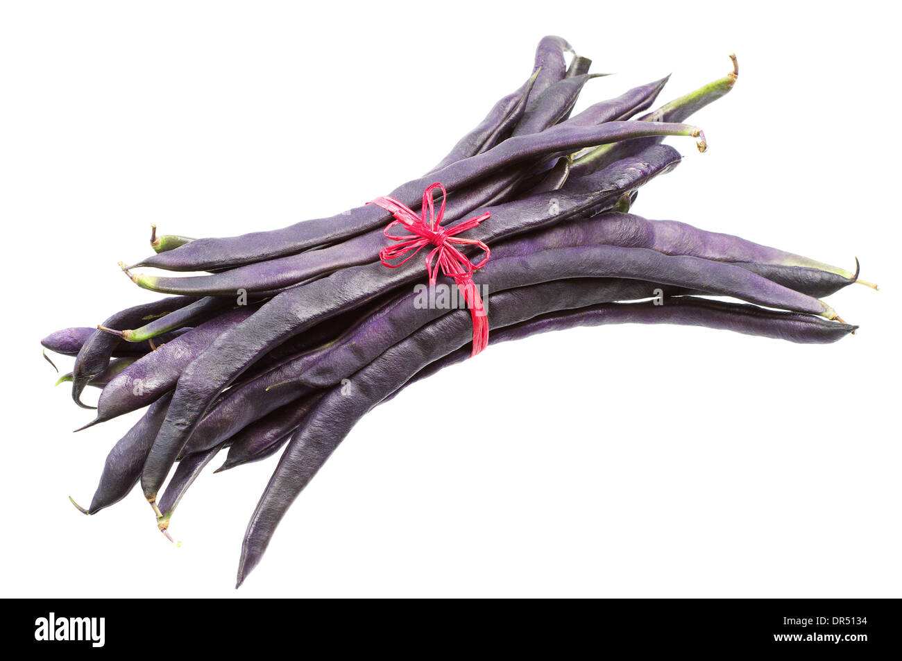 Fresh purple string beans tied red ribbon isolated on white background ...