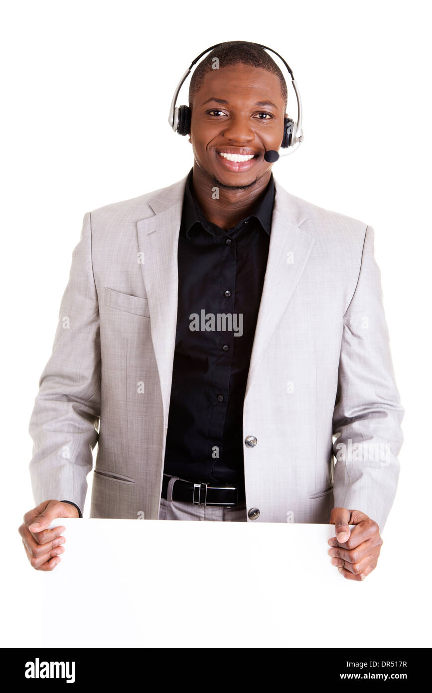 Successful call center worker with blank board, isolated on white Stock ...