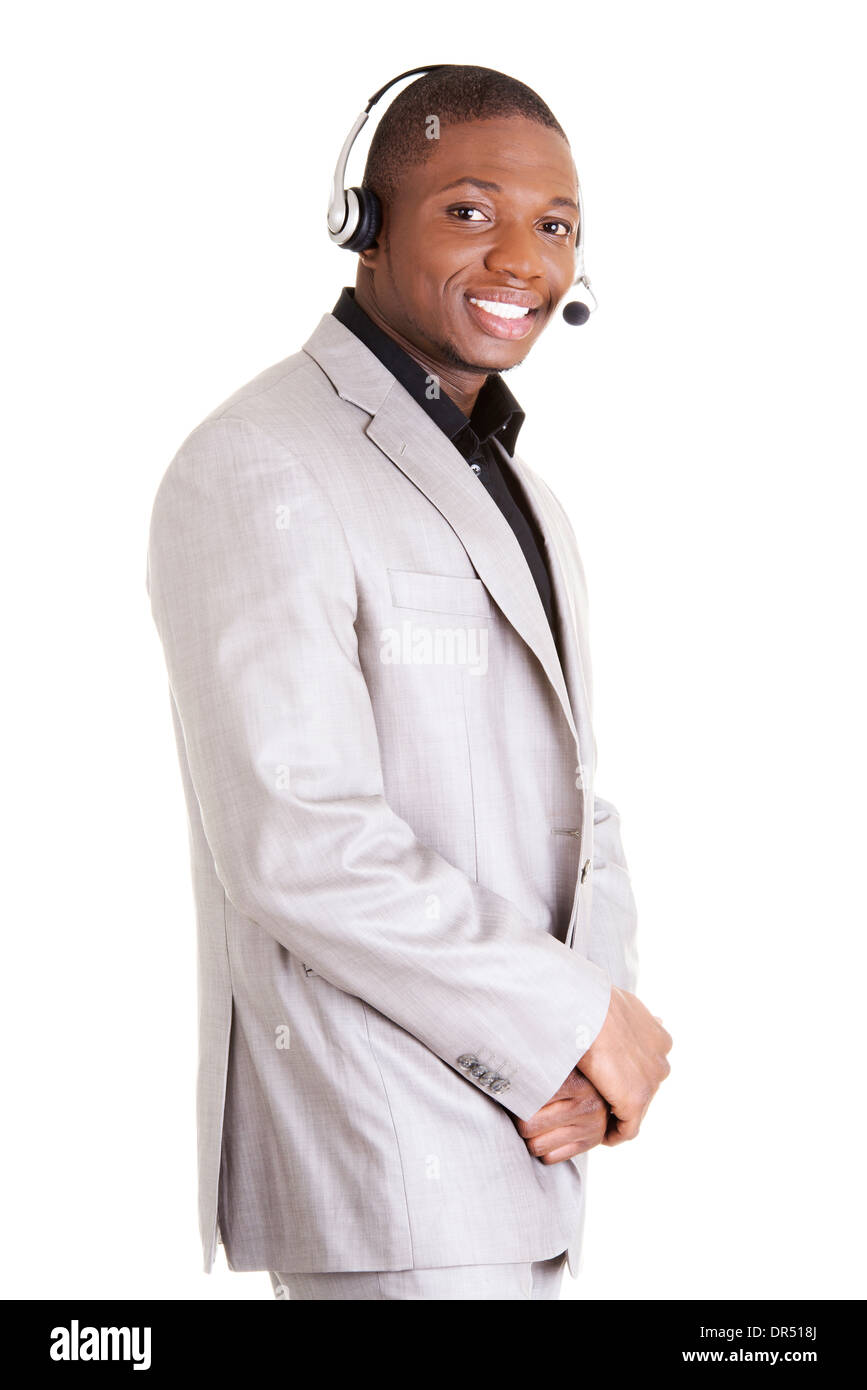 Support phone operator in headset isoalted on white Stock Photo - Alamy