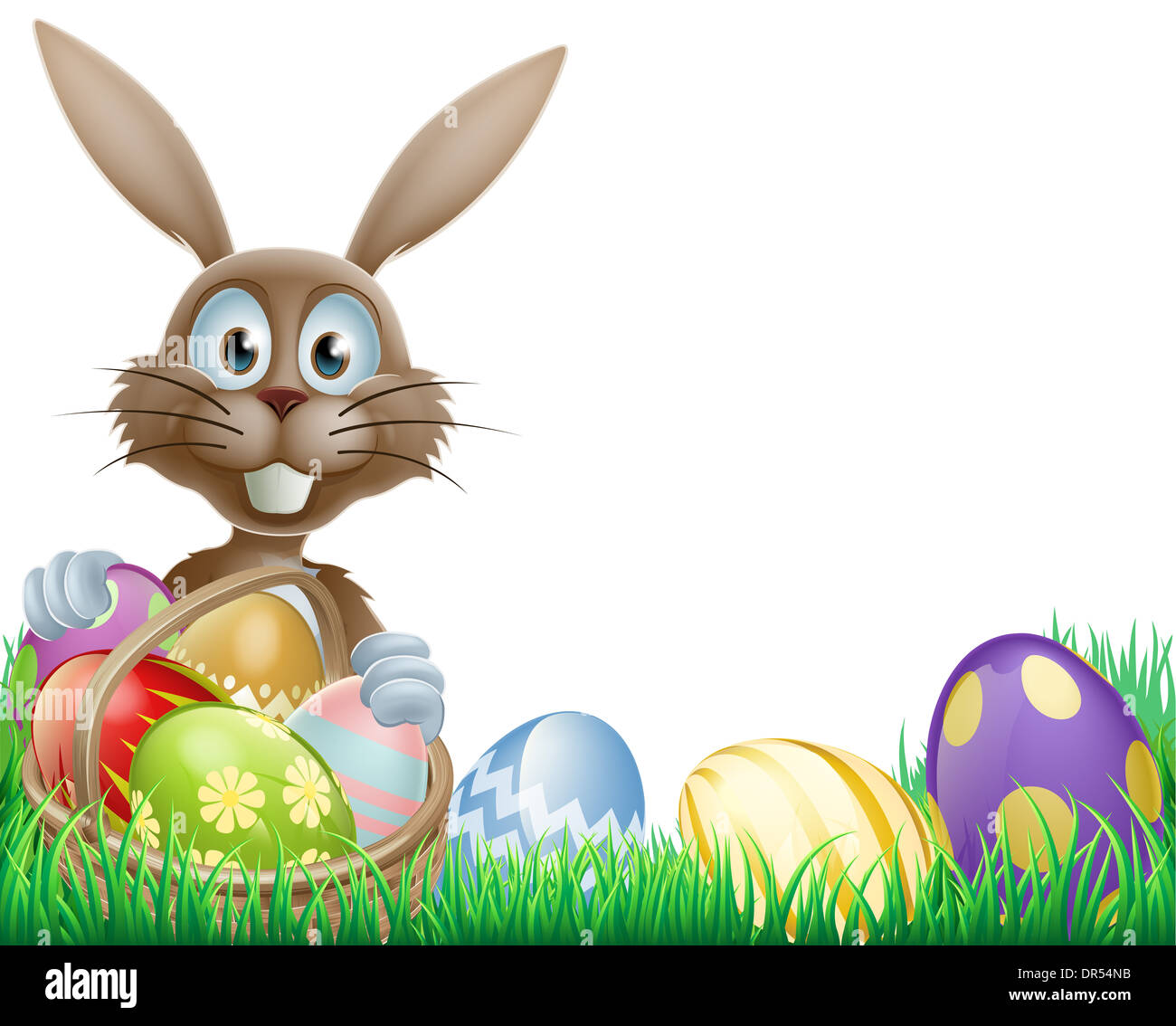 A cartoon Easter bunny rabbit with an Easter eggs basket Stock Photo ...