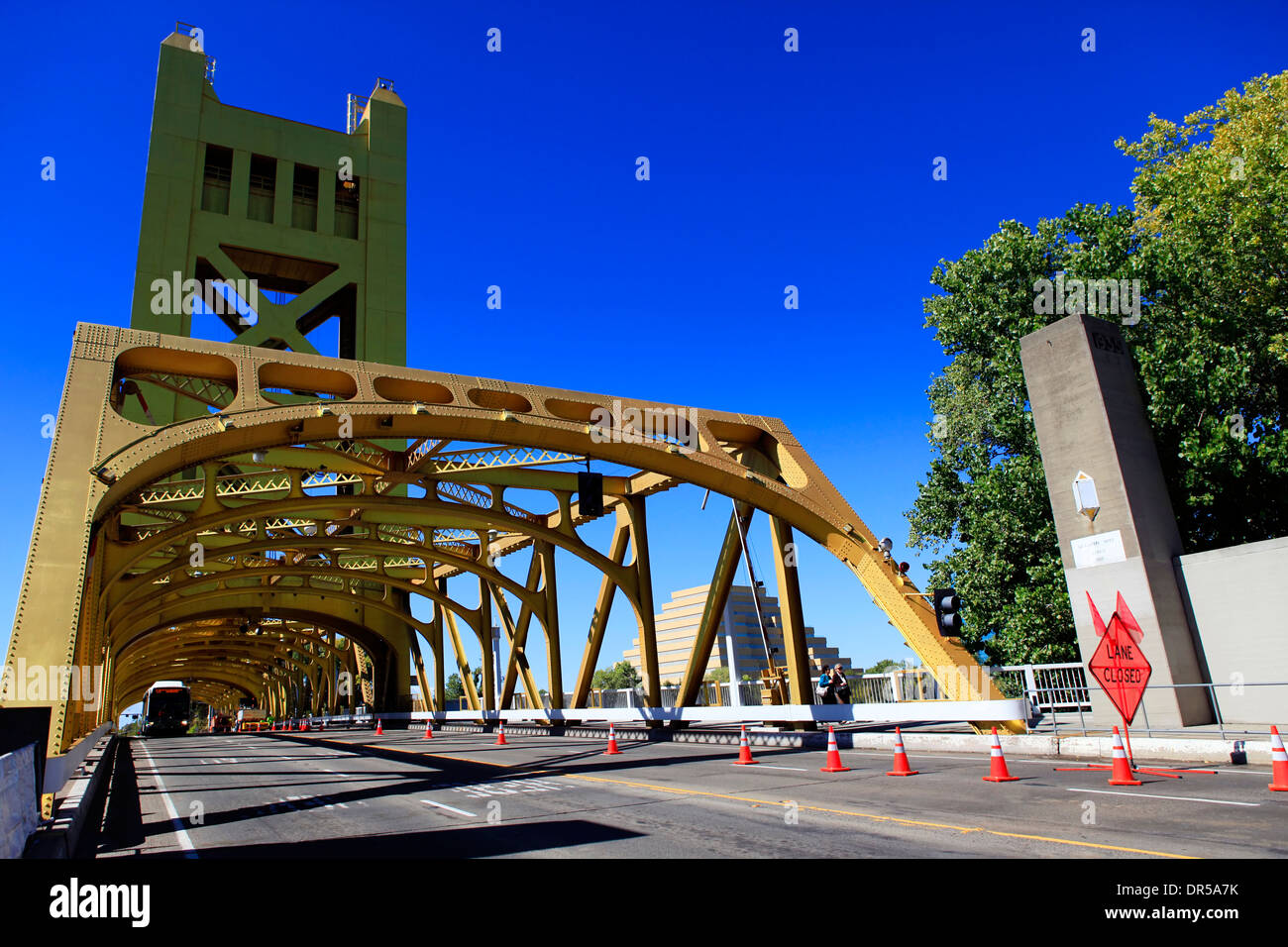Sacramento Golden Tower Bridge from front looking through Stock Photo ...