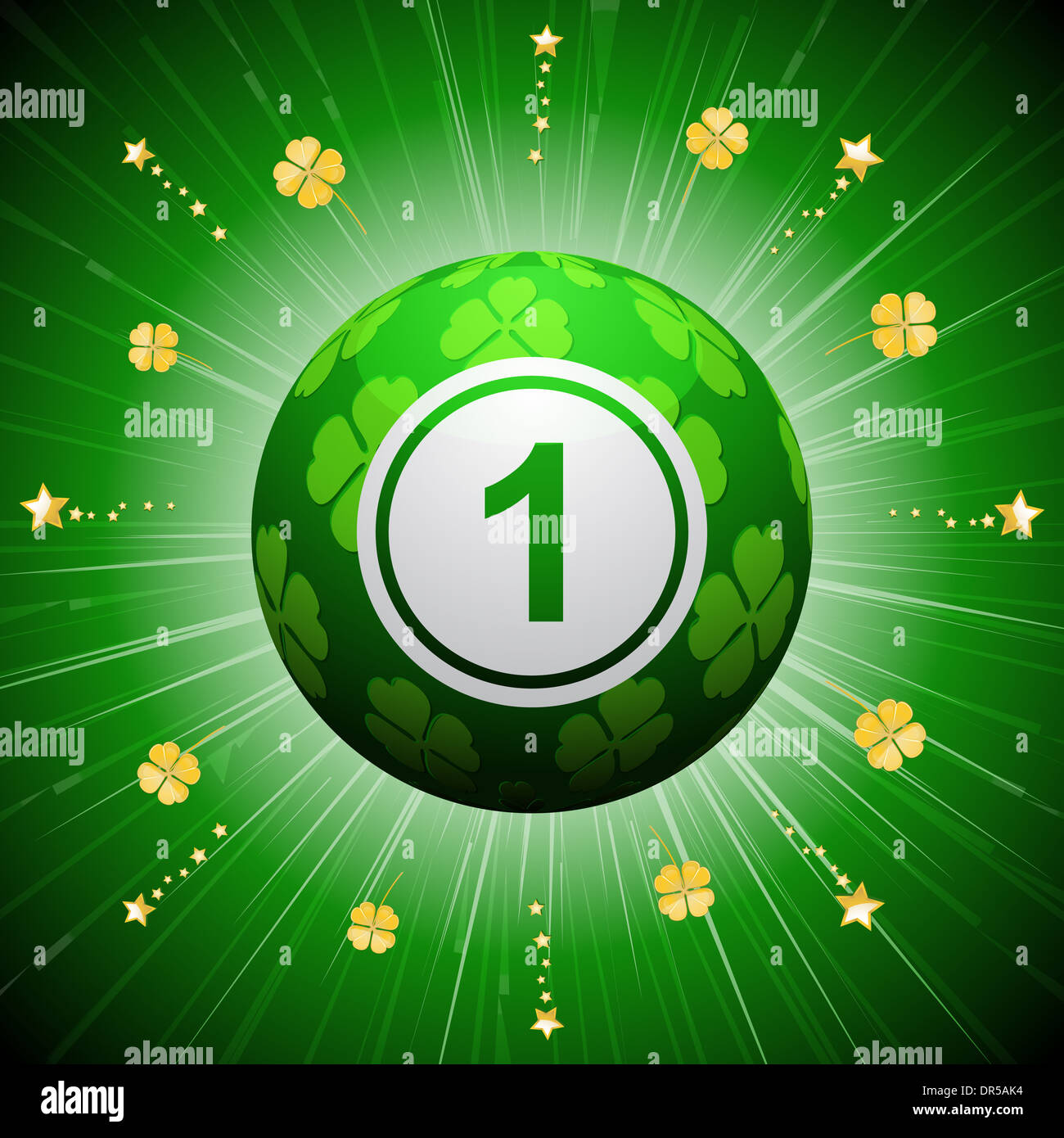 Bingo Ball with Green Four Leaf Clover Design on a green background ...