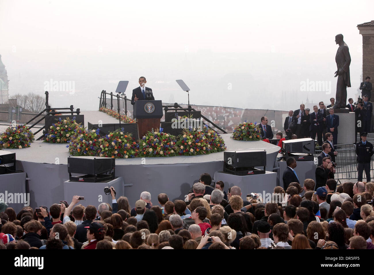 U.S. President Barack Obama is delivering a speech near Prague Castle ...