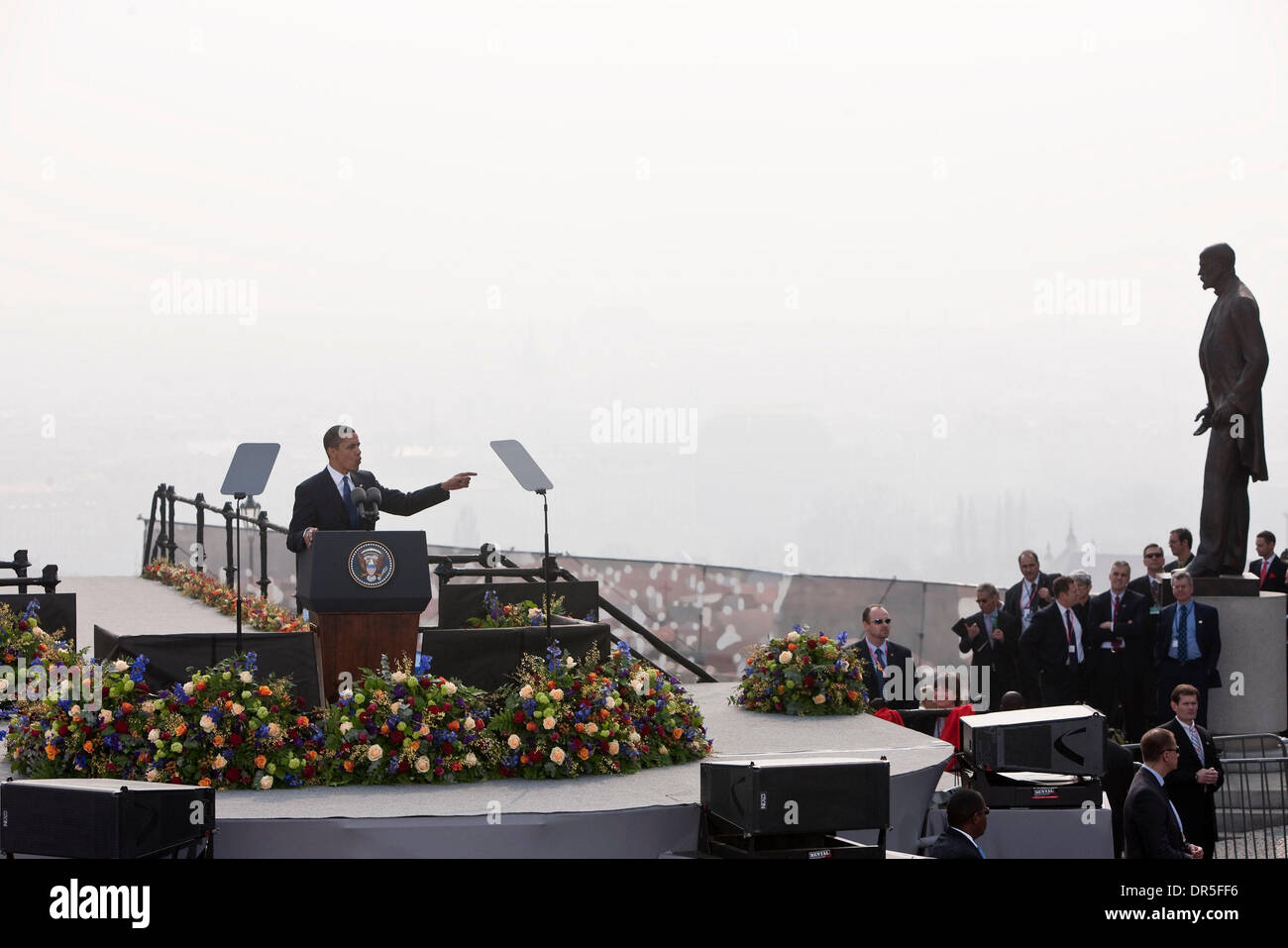 U.S. President Barack Obama is delivering a speech near Prague Castle ...