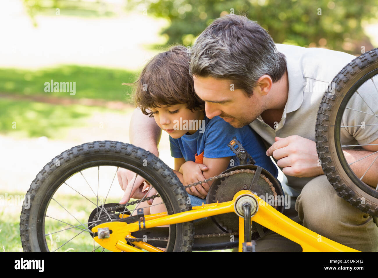 Father and son fixing bike Stock Photo - Alamy
