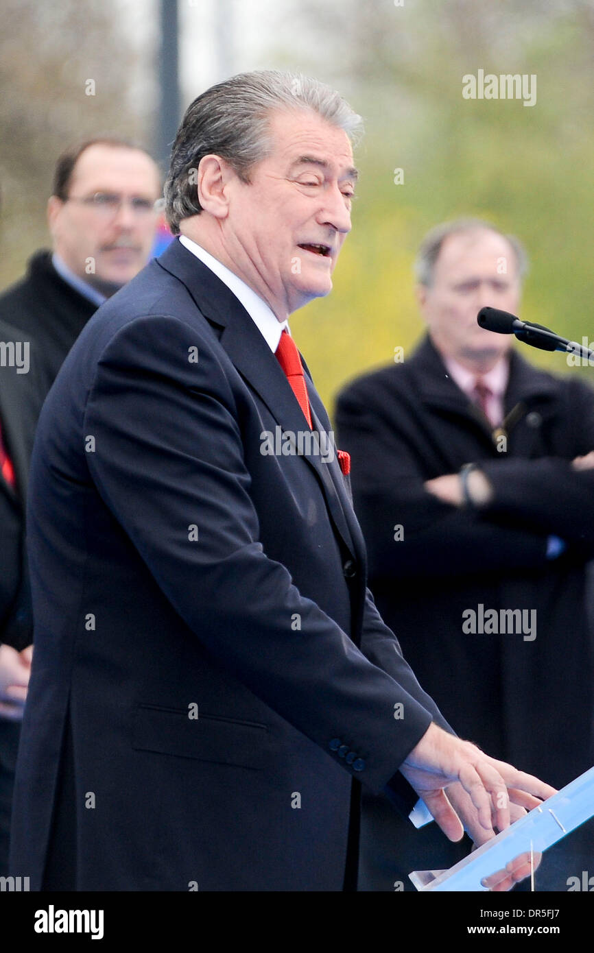 Albanian Prime Minister Sali Berisha attend a ceremony to mark the ...