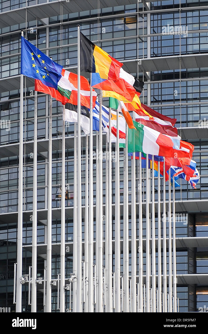 Flags in front of European Parliament headquarters in Strasbourg ...