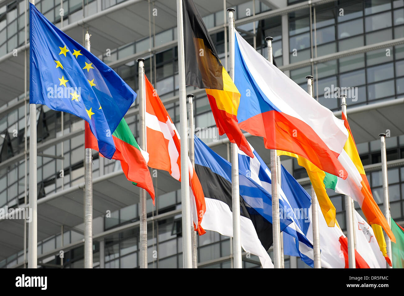 Flags in front of European Parliament headquarters in Strasbourg ...
