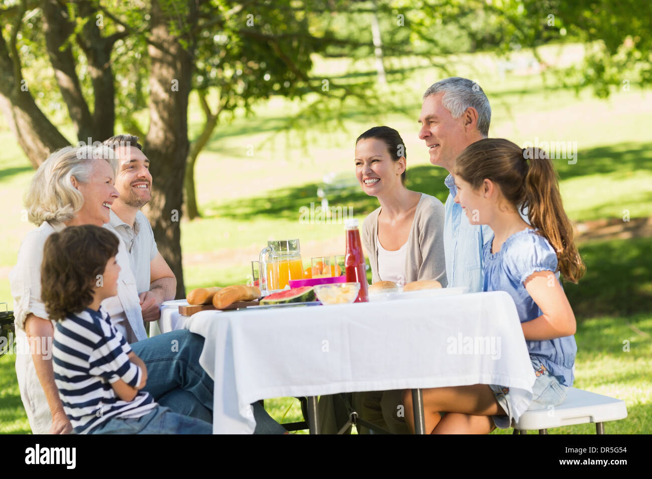 Extended family dining at outdoor table Stock Photo - Alamy