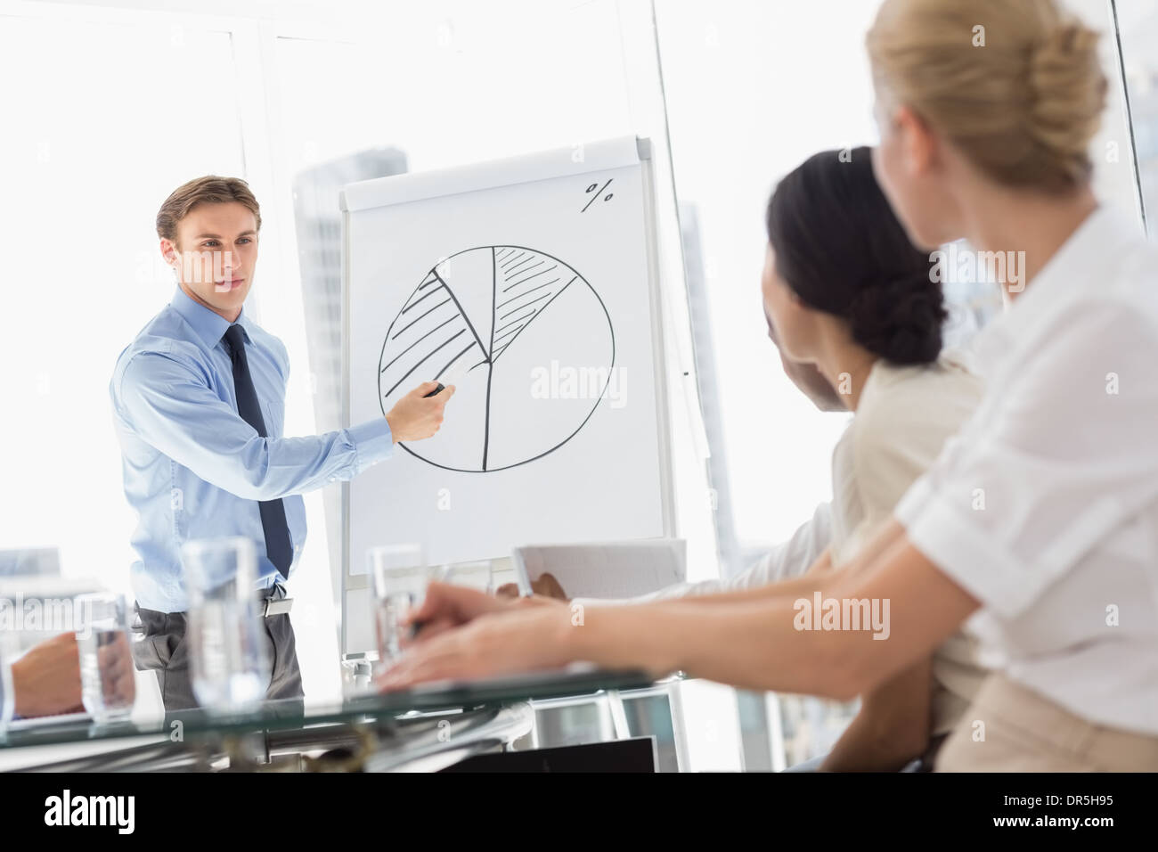 Businessman presenting pie chart to colleagues Stock Photo - Alamy