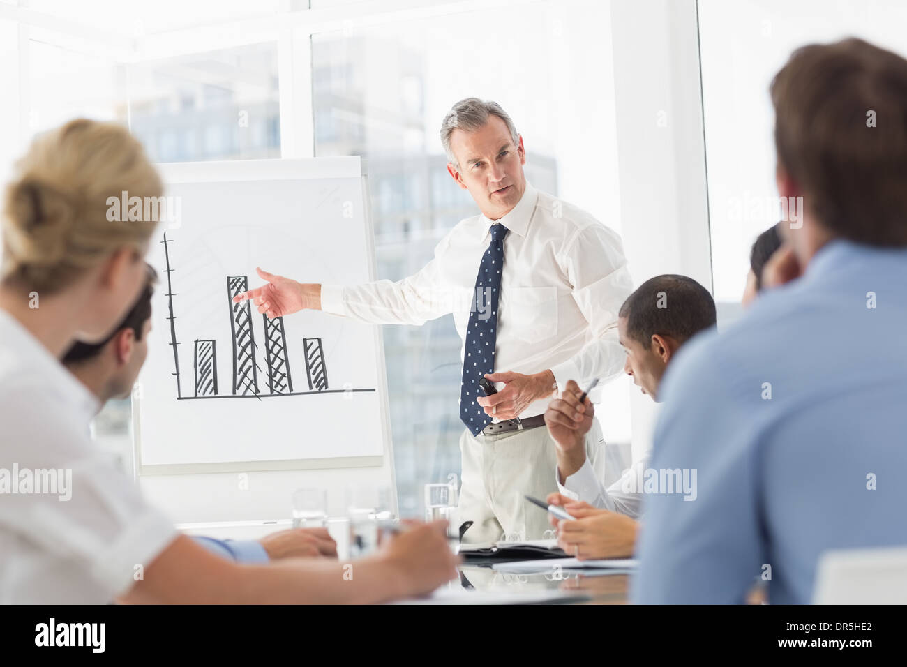 Senior businessman presenting bar chart to his staff Stock Photo - Alamy