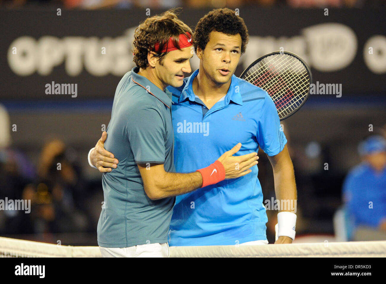 Melbourne, Australia. 20th Jan, 2014. Roger Federer of Switzerland and Jo-Wilfried Tsonga of ...