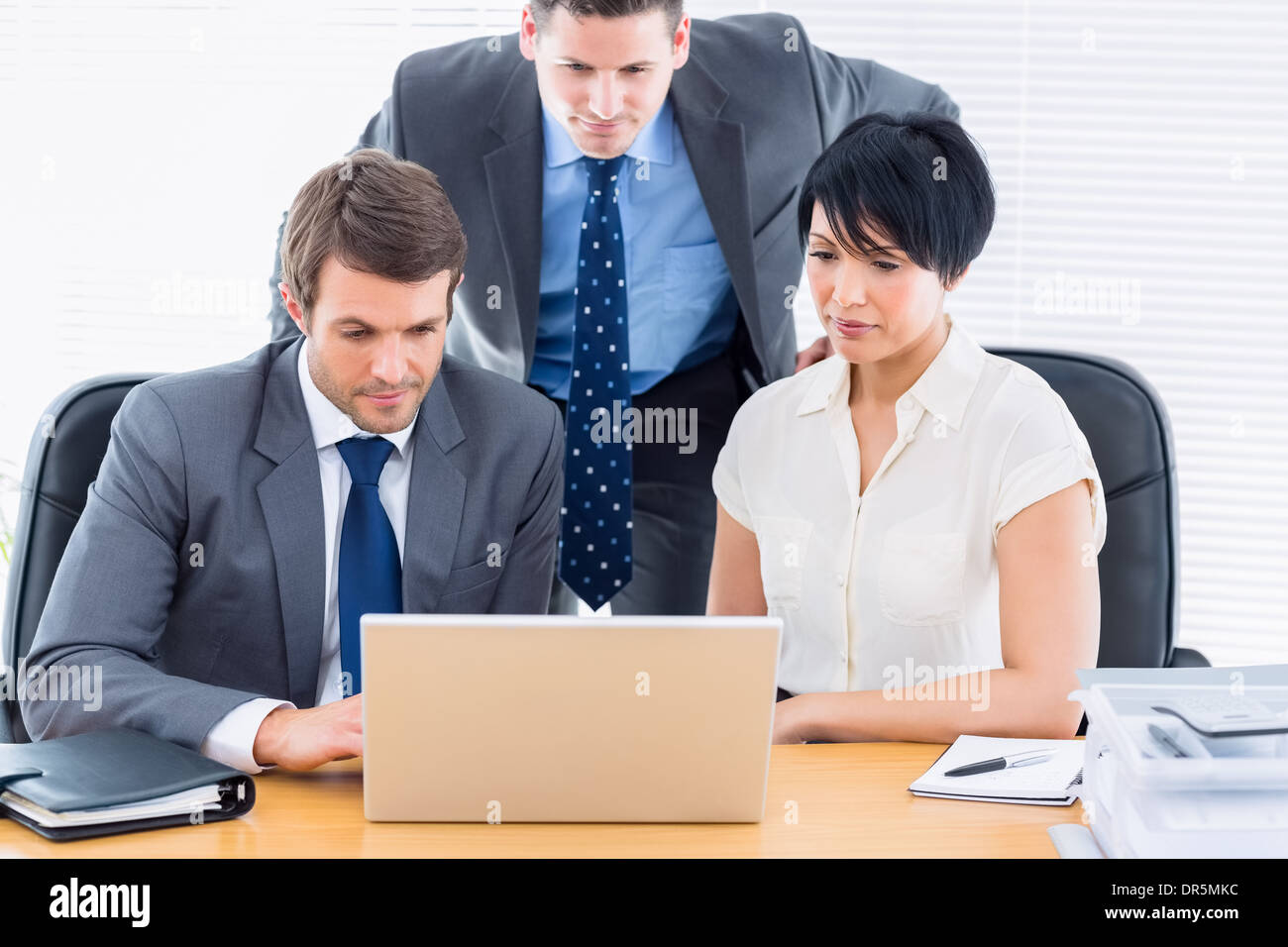 Colleagues using laptop at office desk Stock Photo - Alamy