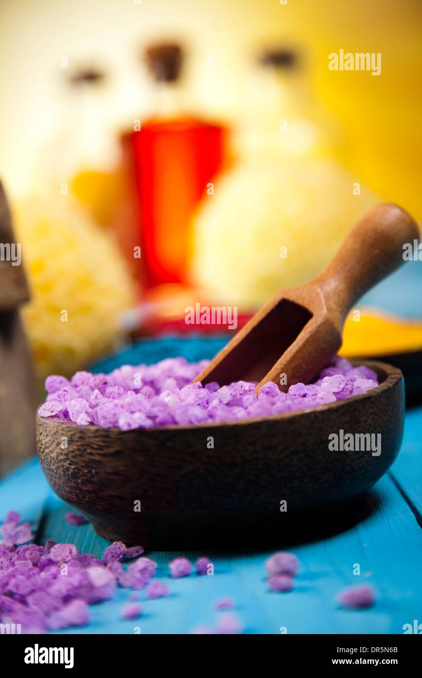 Spa, sea salt in wooden bowl Stock Photo - Alamy