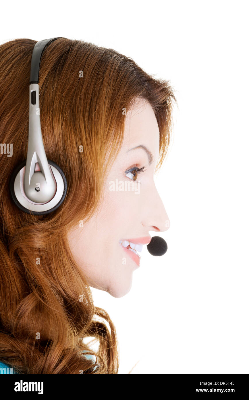 Attractive adult woman with headphones, isolated on white Stock Photo ...