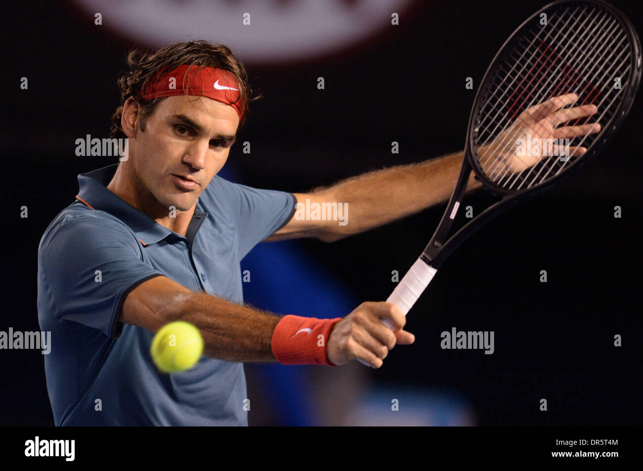 Melbourne, Australia. 20th Jan, 2014. Roger Federer of Switzerland hits a return during his men ...