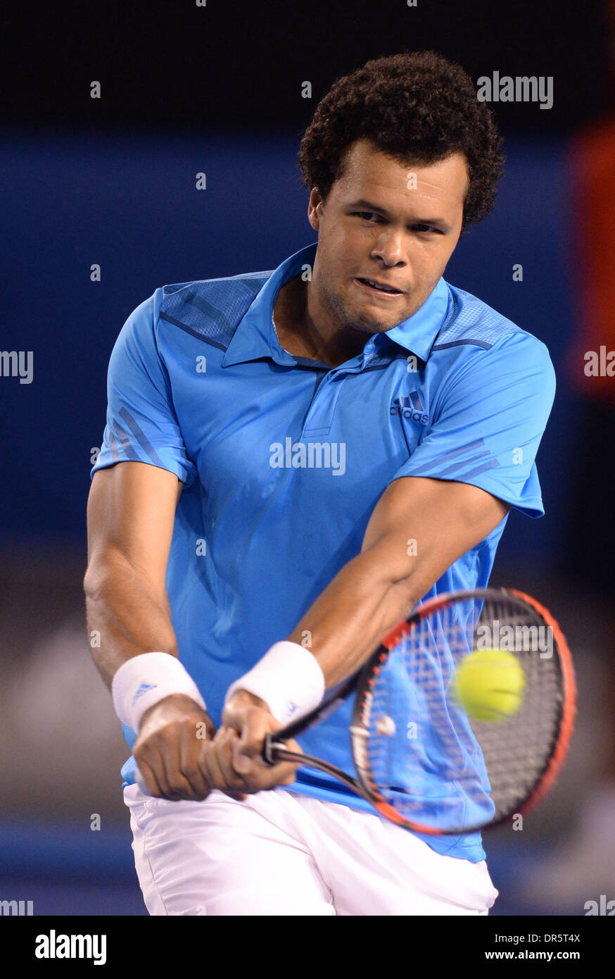 Melbourne, Australia. 20th Jan, 2014. Jo-Wilfried Tsonga of France hits a return during his men ...