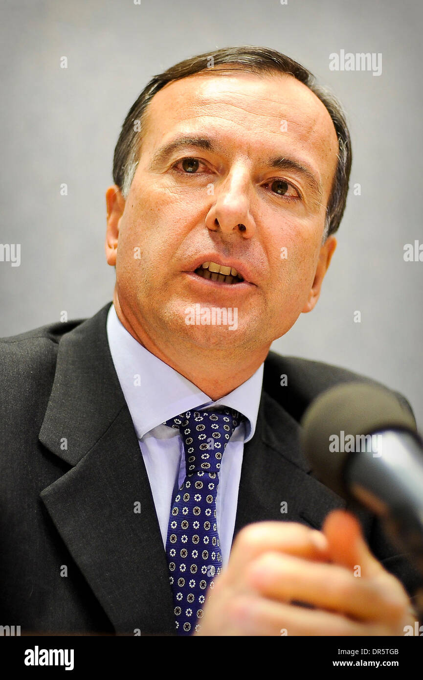 Italian Foreign Minister Franco Frattini talks to the press during the ...