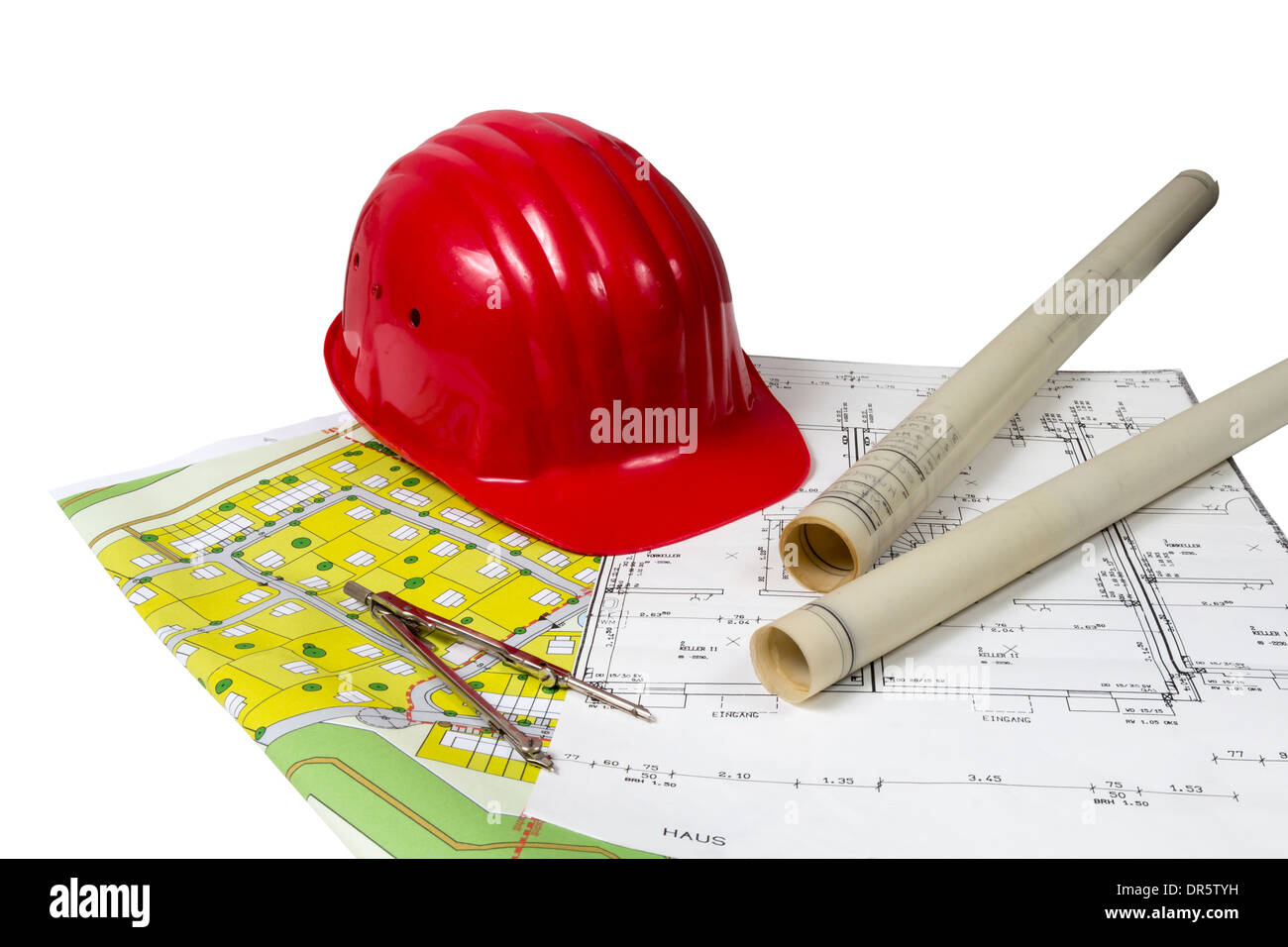 Construction Plans and Plots with red helmet and compas isolated on ...