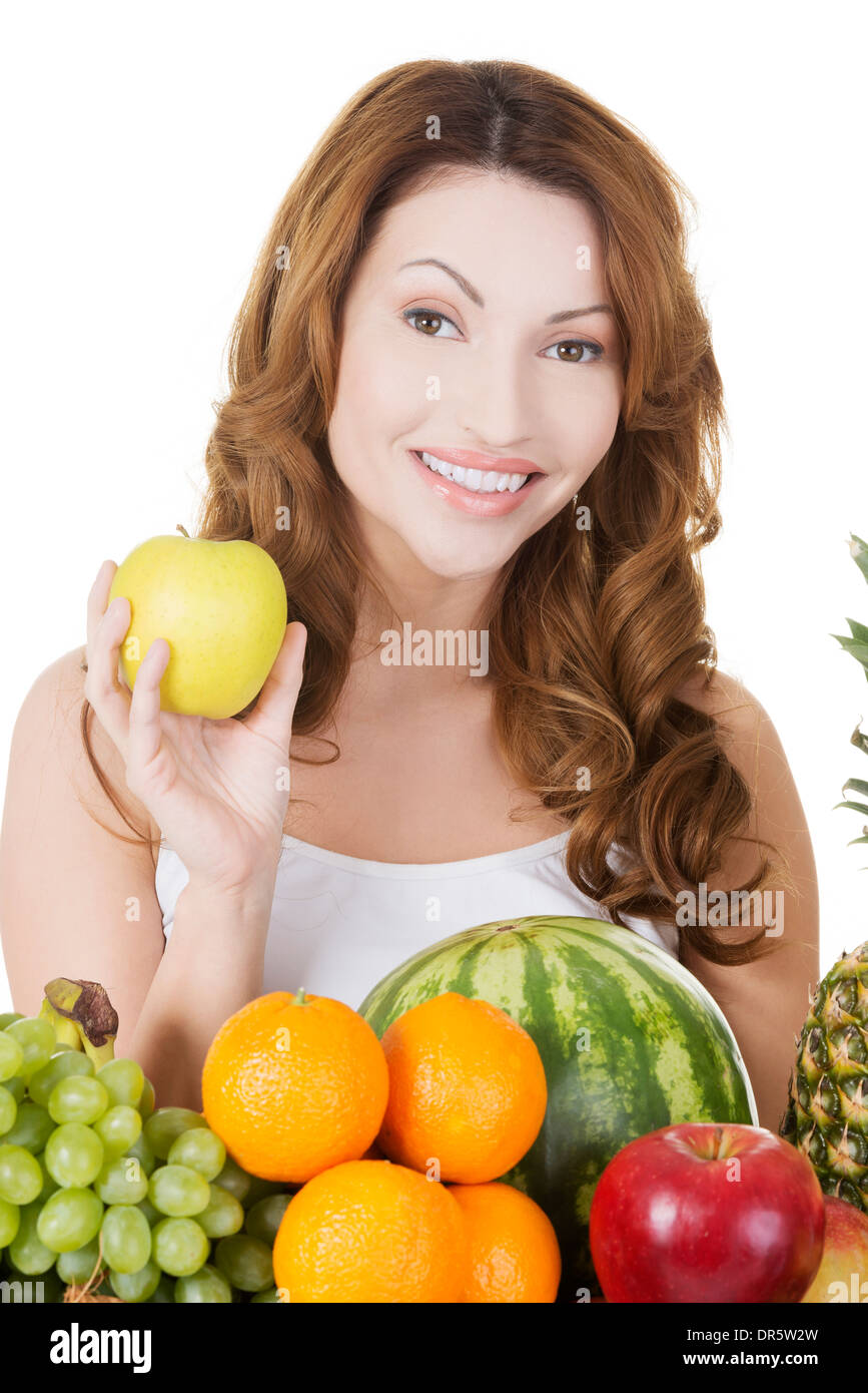 Beautiful woman with fruits, isolated on white Stock Photo - Alamy