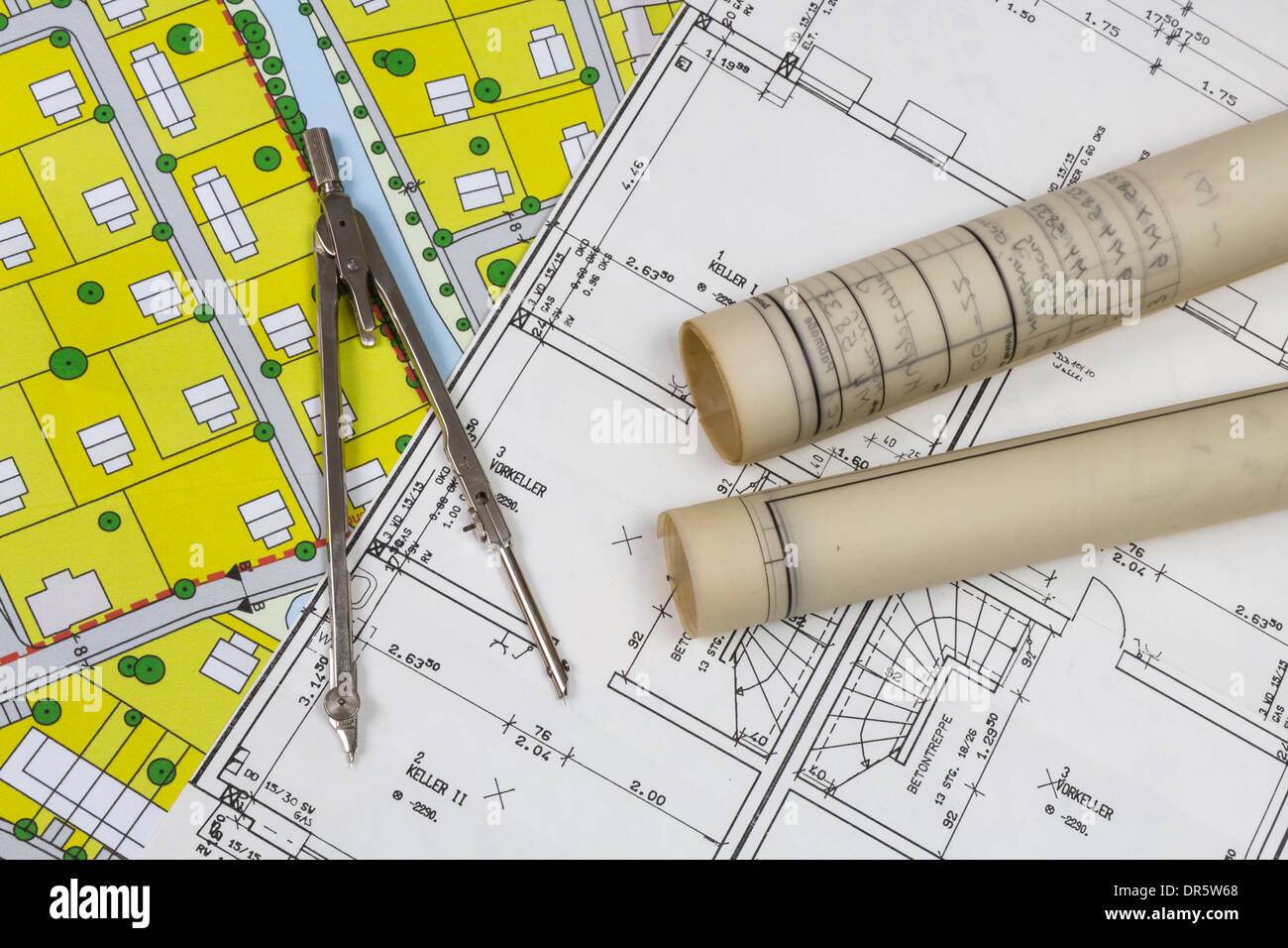 Construction Plans and Plots with compas Stock Photo - Alamy