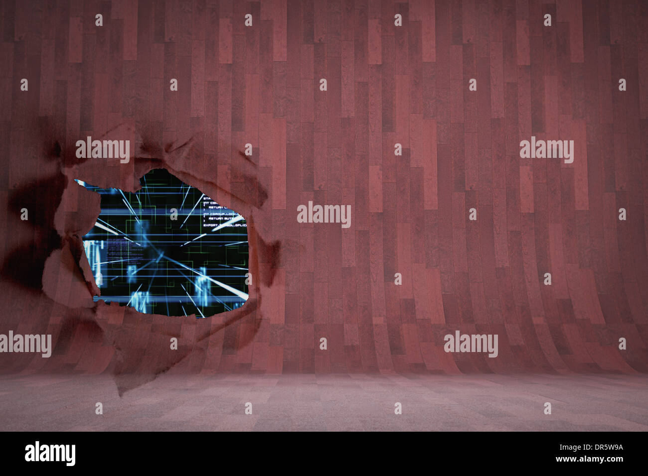 Rip on wall showing technology interface Stock Photo - Alamy
