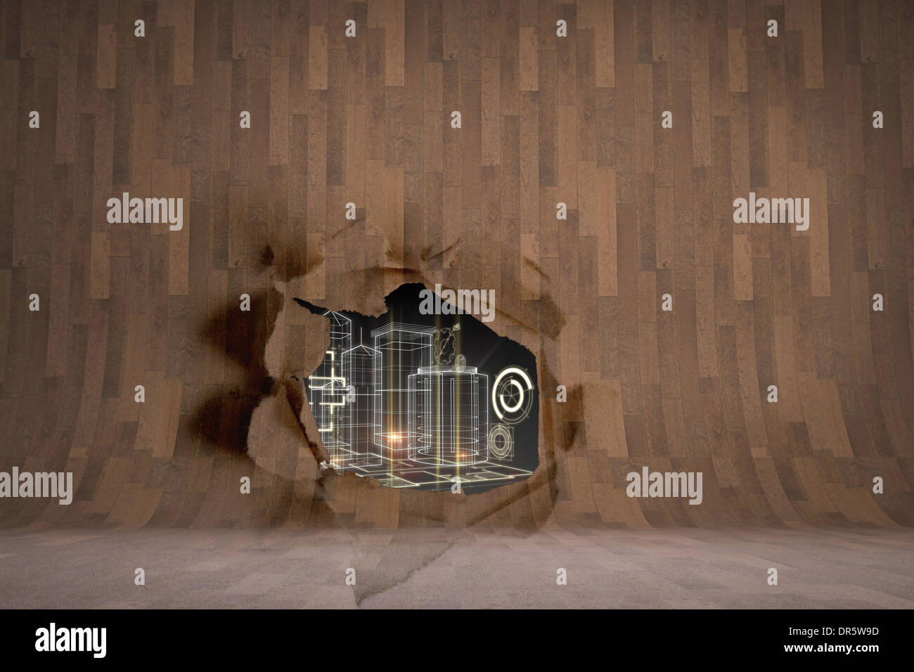 Rip on wall showing technology interface Stock Photo - Alamy