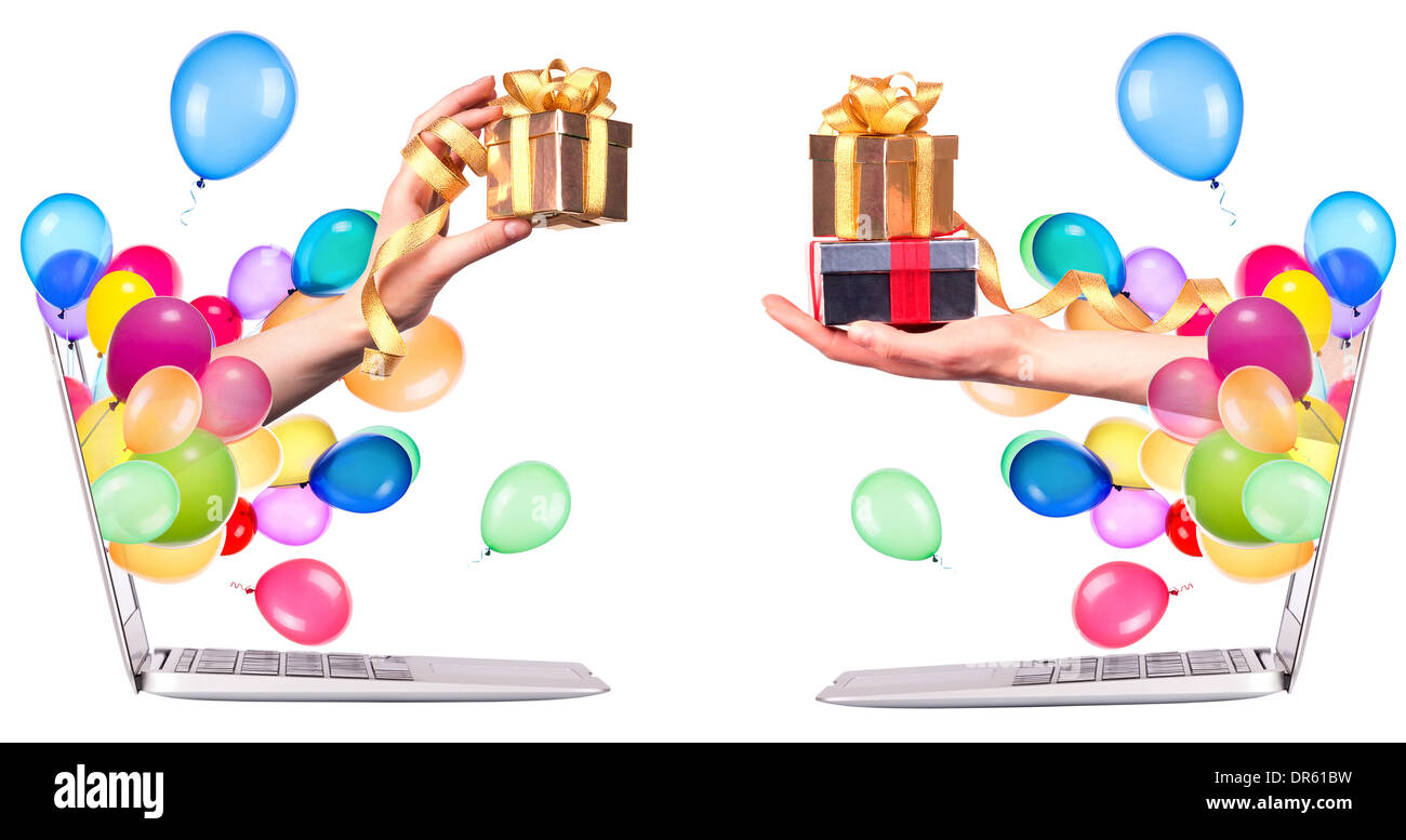 hand with a gift and balloons come out from a screen of a laptop ...