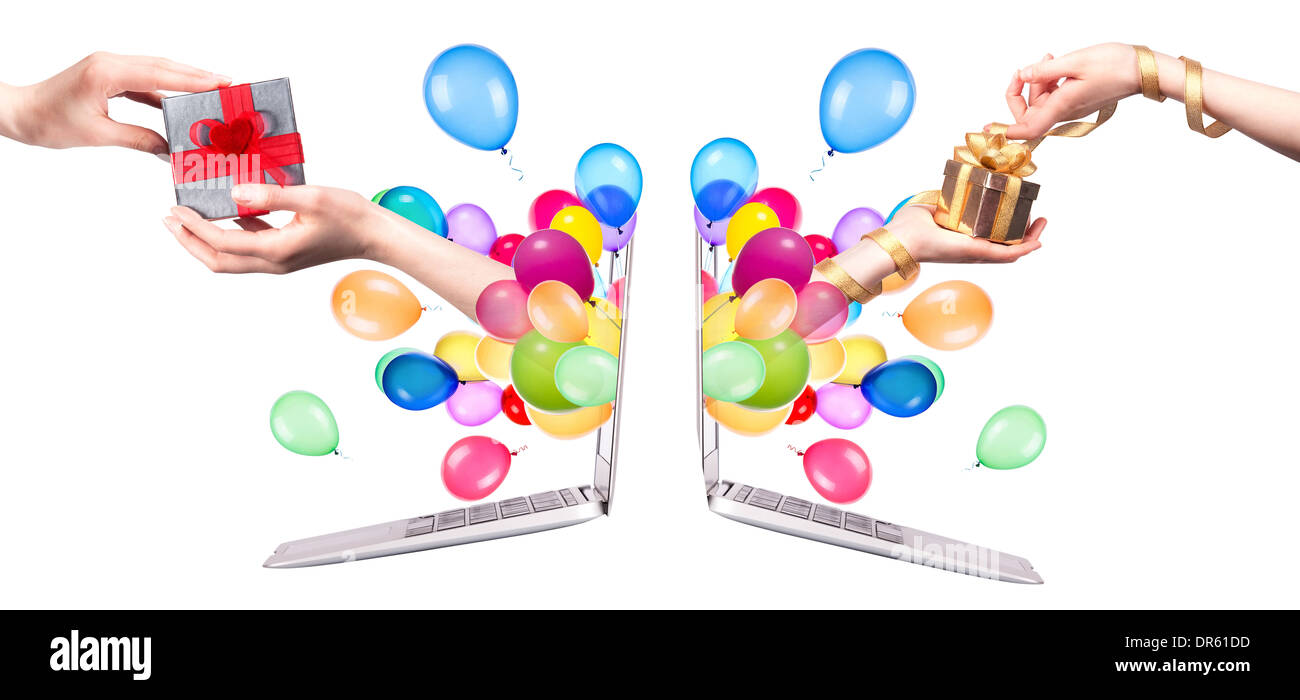 hand with a gift and balloons come out from a screen of a laptop ...