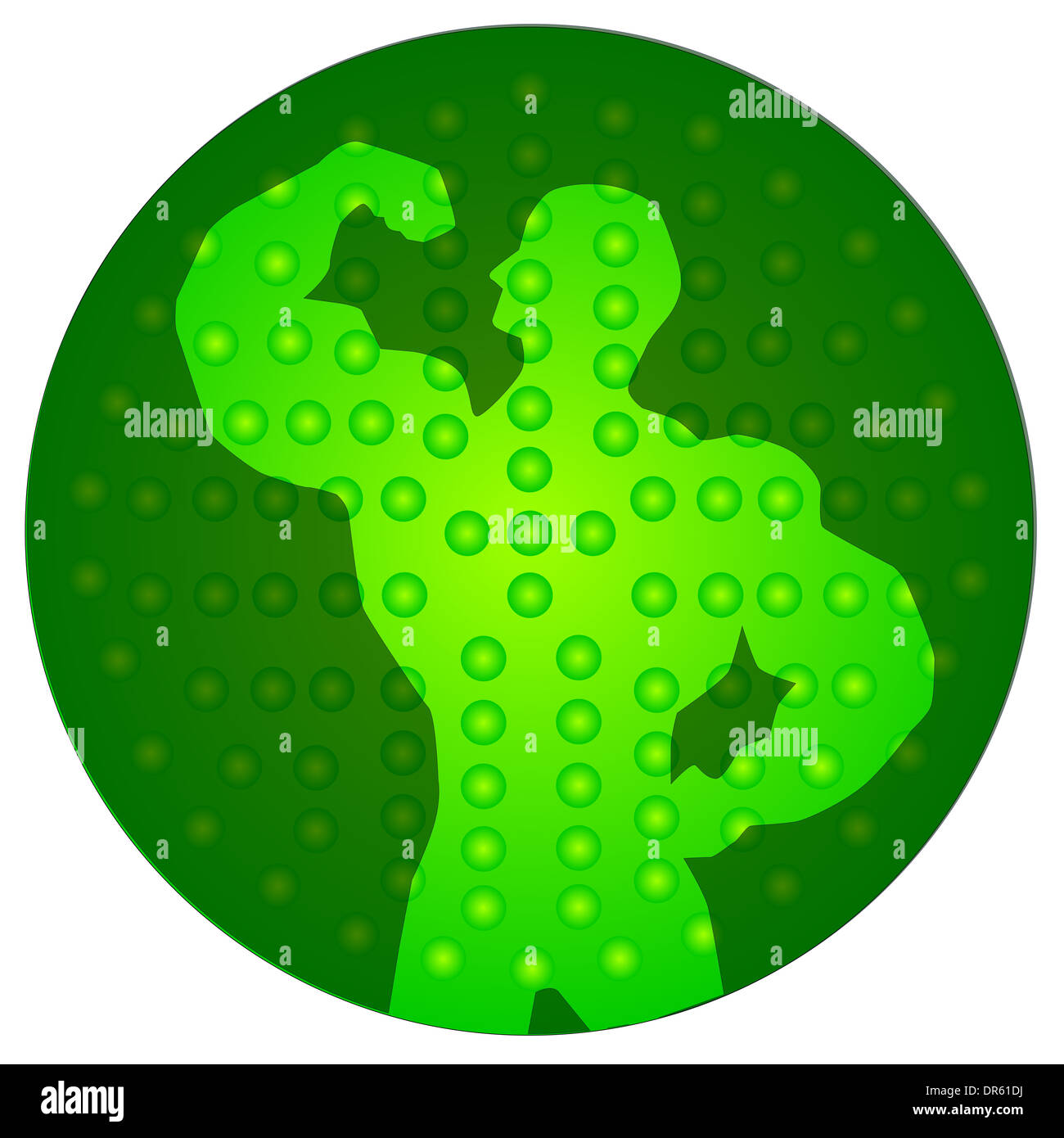 A spoof cartoon green body builder over the working green man sign ...