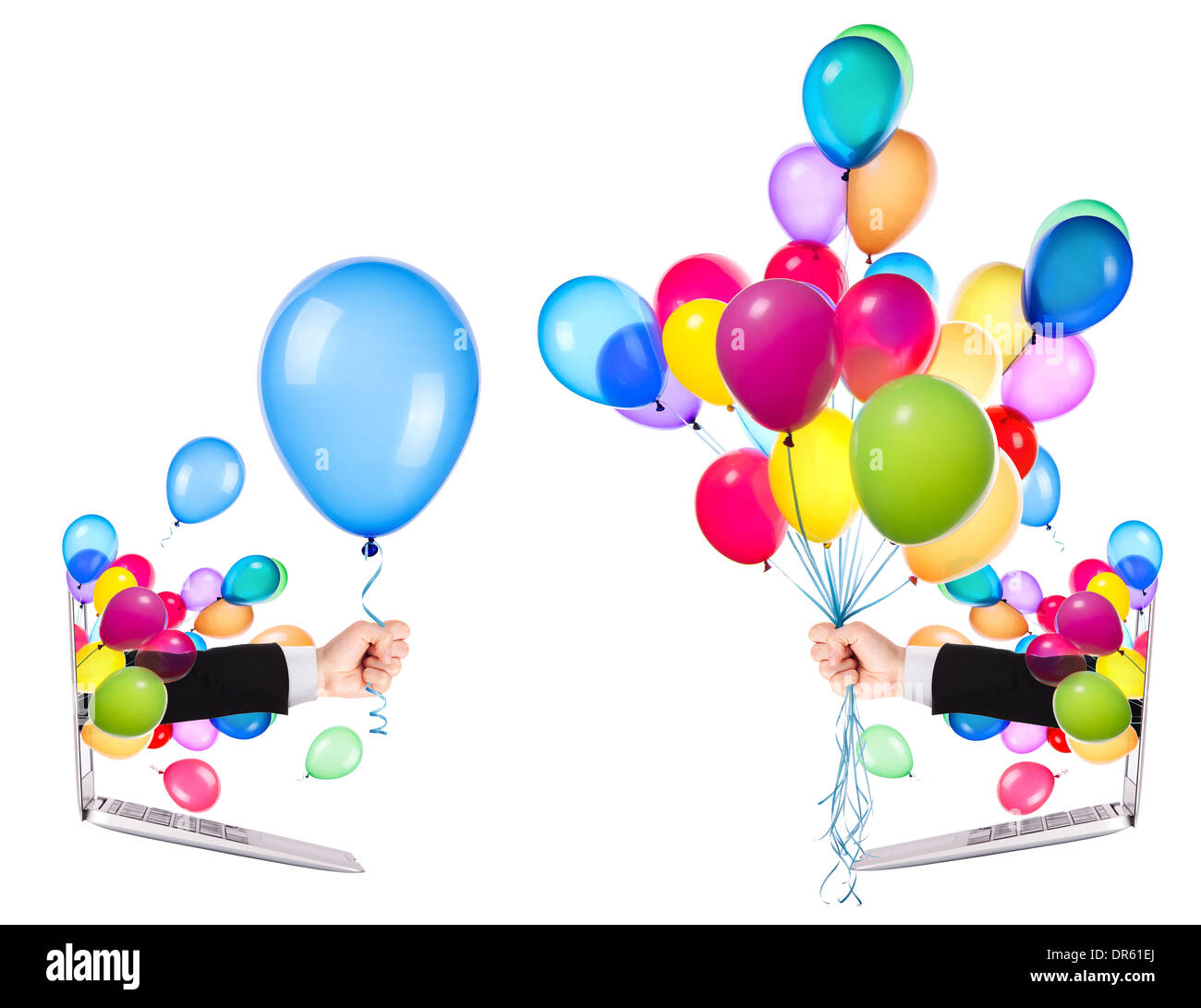 hand with a balloons and laptop on a white background Stock Photo - Alamy