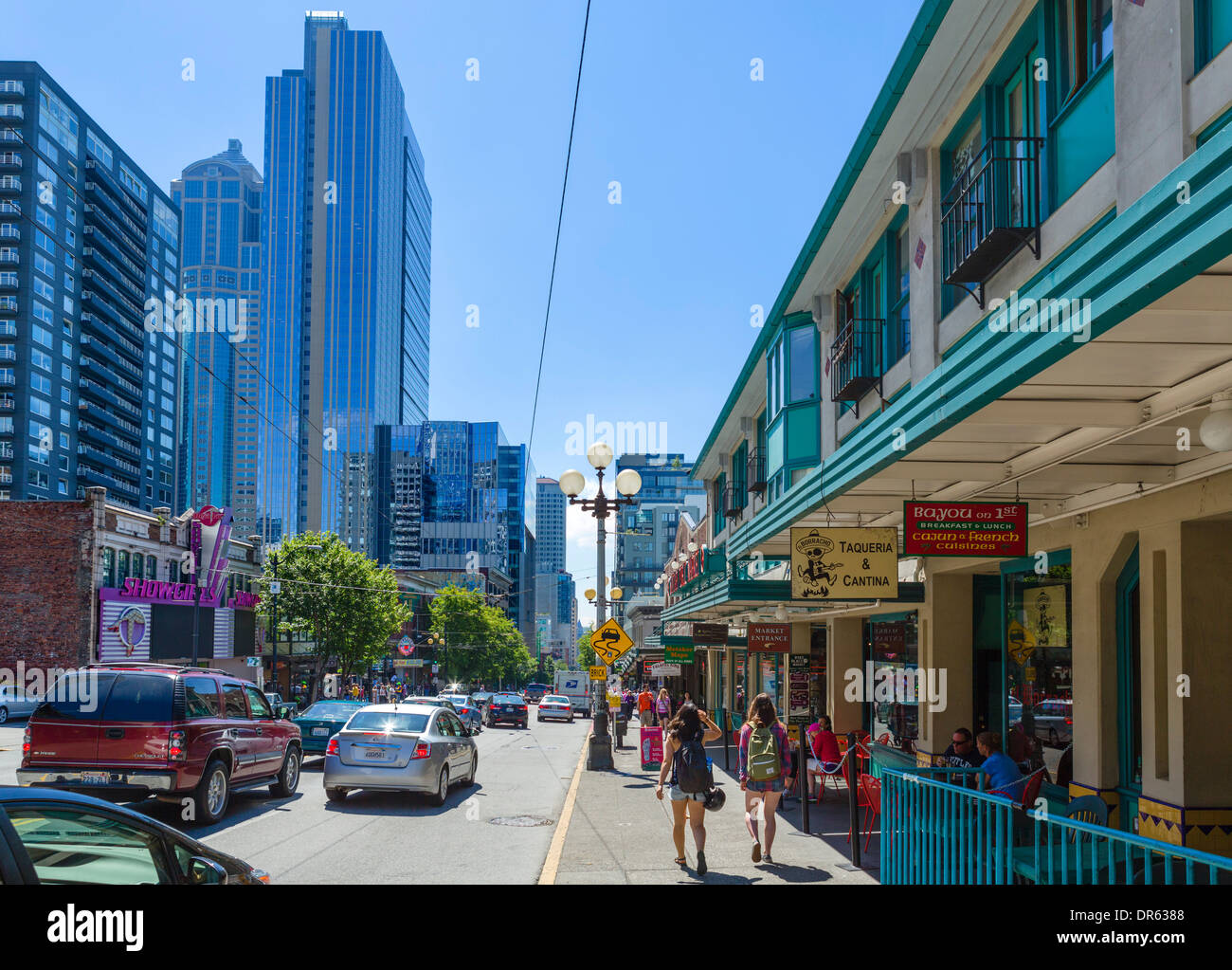 View down 1st Avenue in downtown Seattle, Washington, USA Stock Photo ...