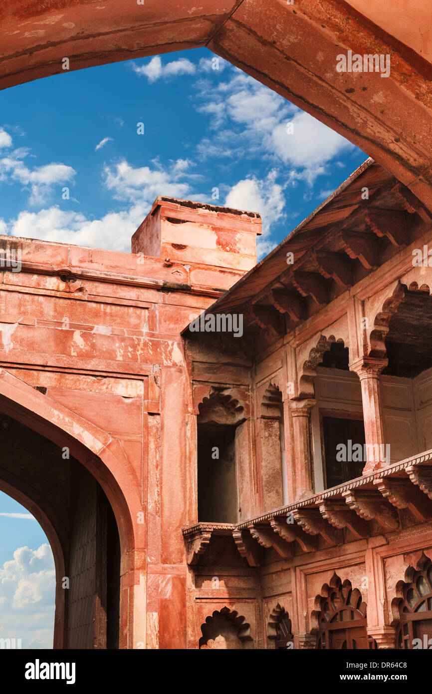 Red sandstone arches of the inner courtyard of Agra Red Fort, Uttar ...