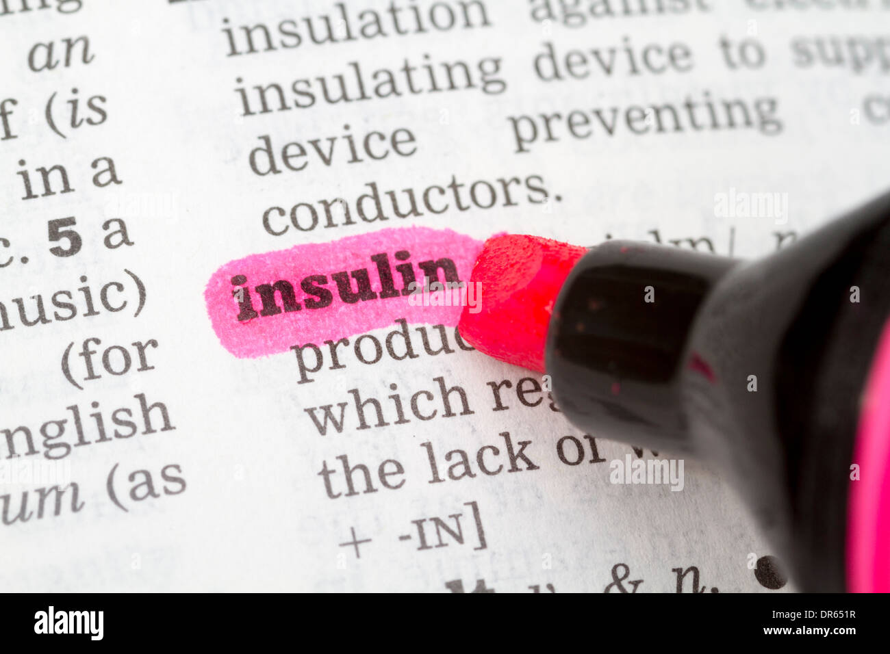 Insulin Dictionary Definition closeup highlighted in pink Stock Photo ...