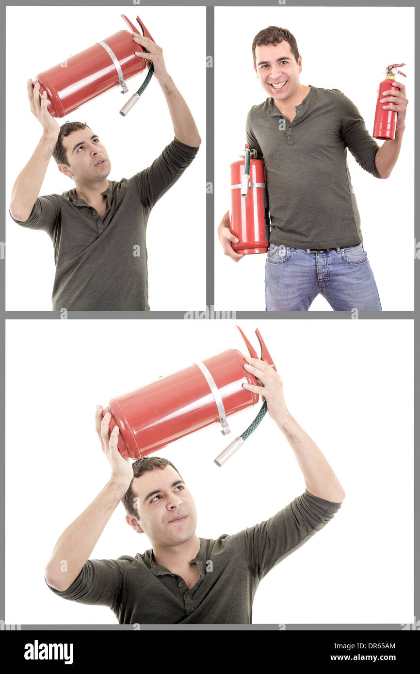 man trying to use fire extinguisher Stock Photo - Alamy