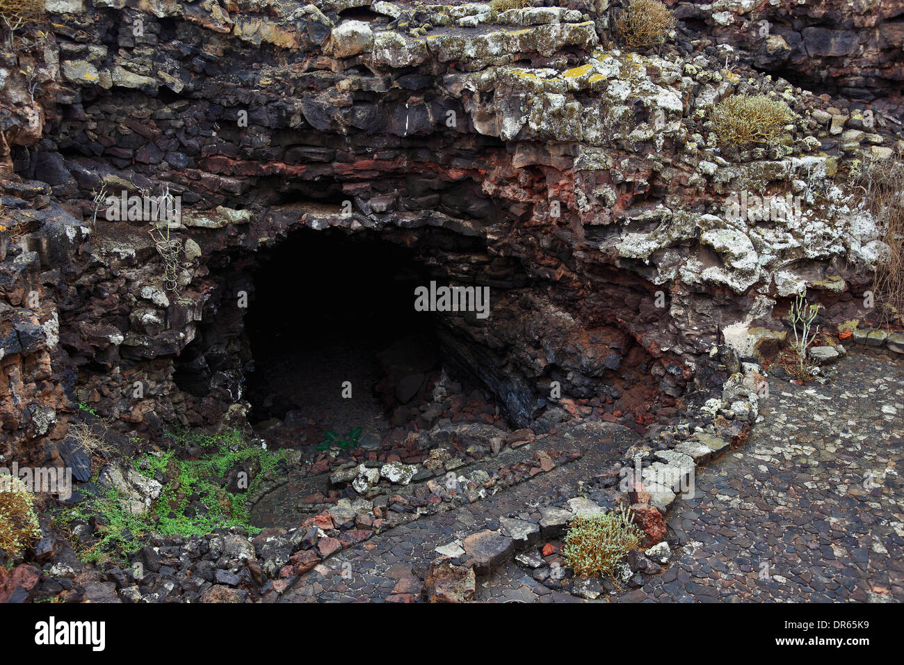 Entrance to the cave Cueva de los Verdes, Lanzarote, Canary islands ...