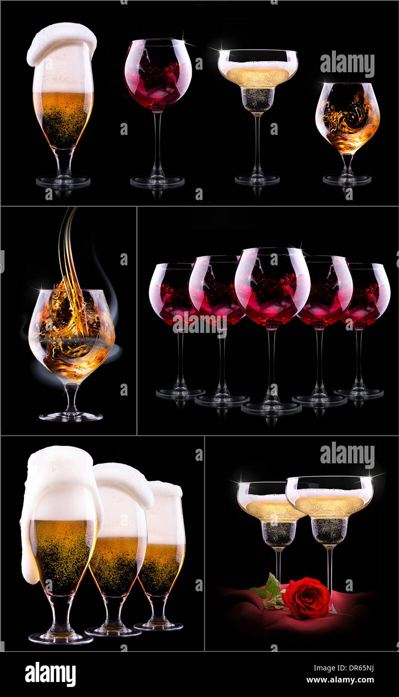different images of alcohol - beer, martini, cola, champagne, wine ...