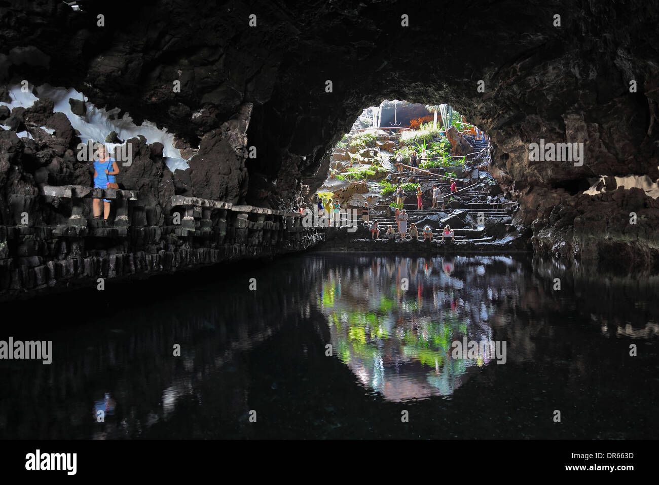 The cave with the pond with the white crabs in the Jameos del Agua, in ...